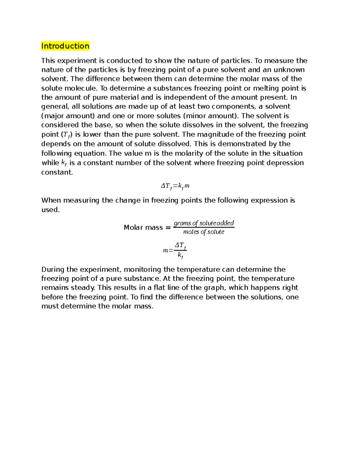 Chem 101: Freezing Point Depression Experiment Report #3 - Studocu