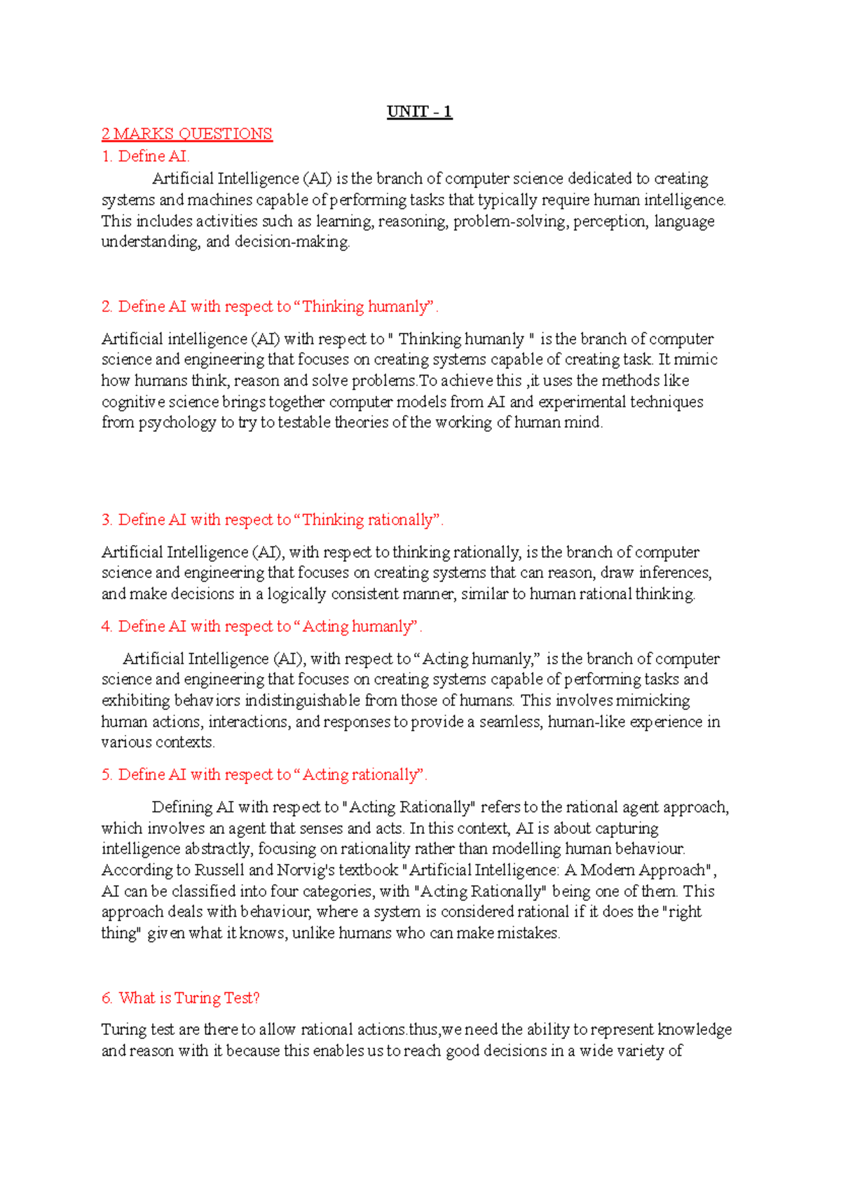 Unit 1 - Practice on AI concepts and definitions - Studocu
