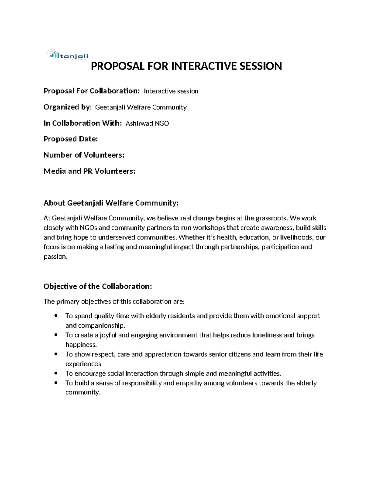 Proposal for Interactive Session with Geetanjali Welfare Community ...