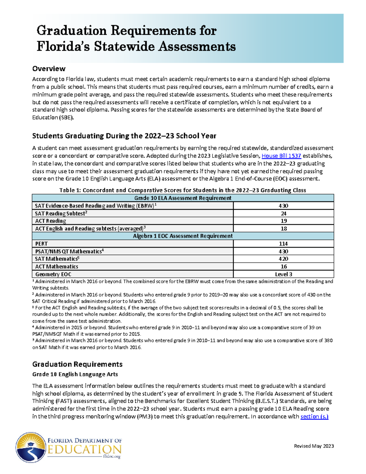 Grad Require FSA- Fldoe - Graduation Requirements for Florida’s ...