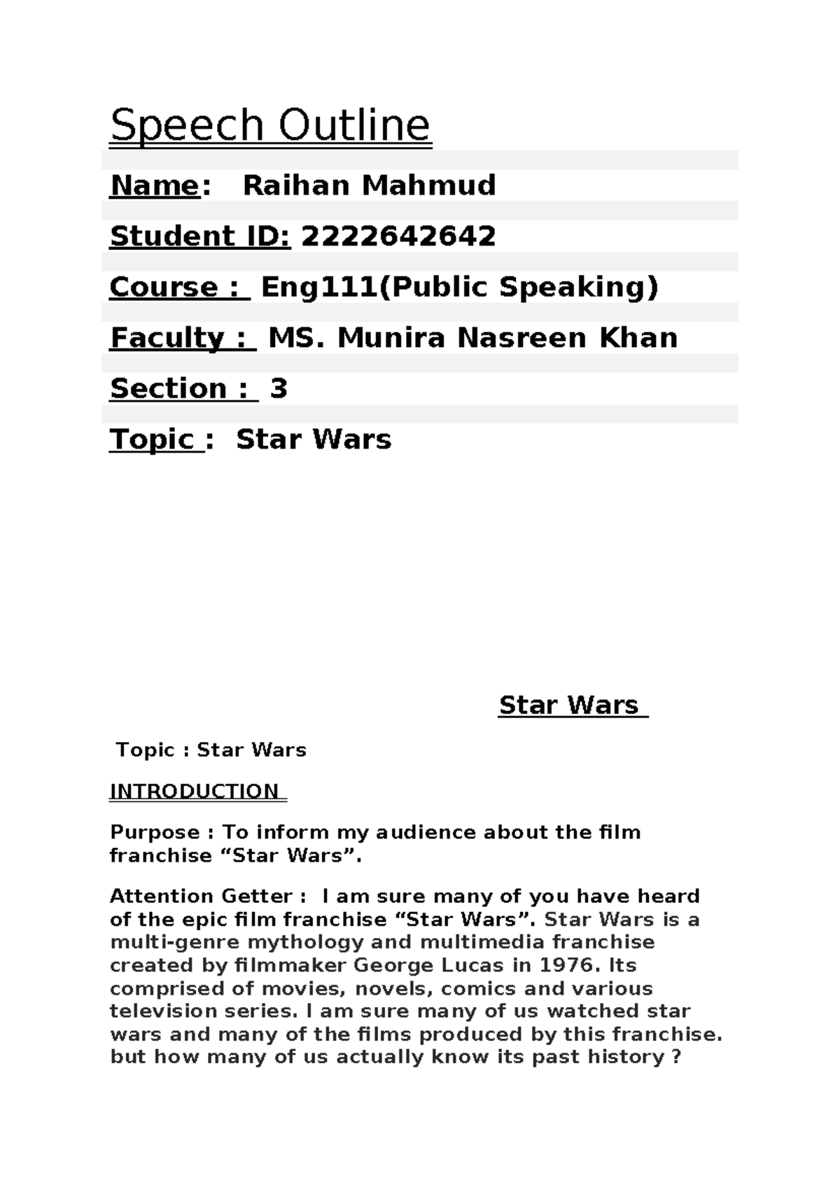 Speech Outline: Star Wars (Speaking Course) by Raihan Mahmud - Studocu