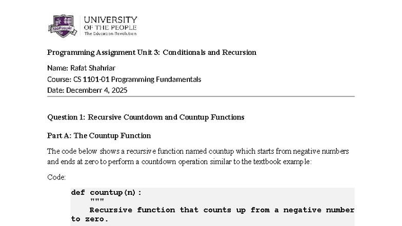 CS Programming Fundamentals: Unit 3 - Conditionals & Recursion Assignment - Studocu