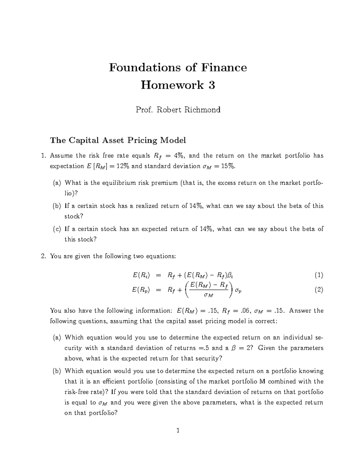 Foundations of Finance Homework 3: Capital Asset Pricing Model Analysis ...