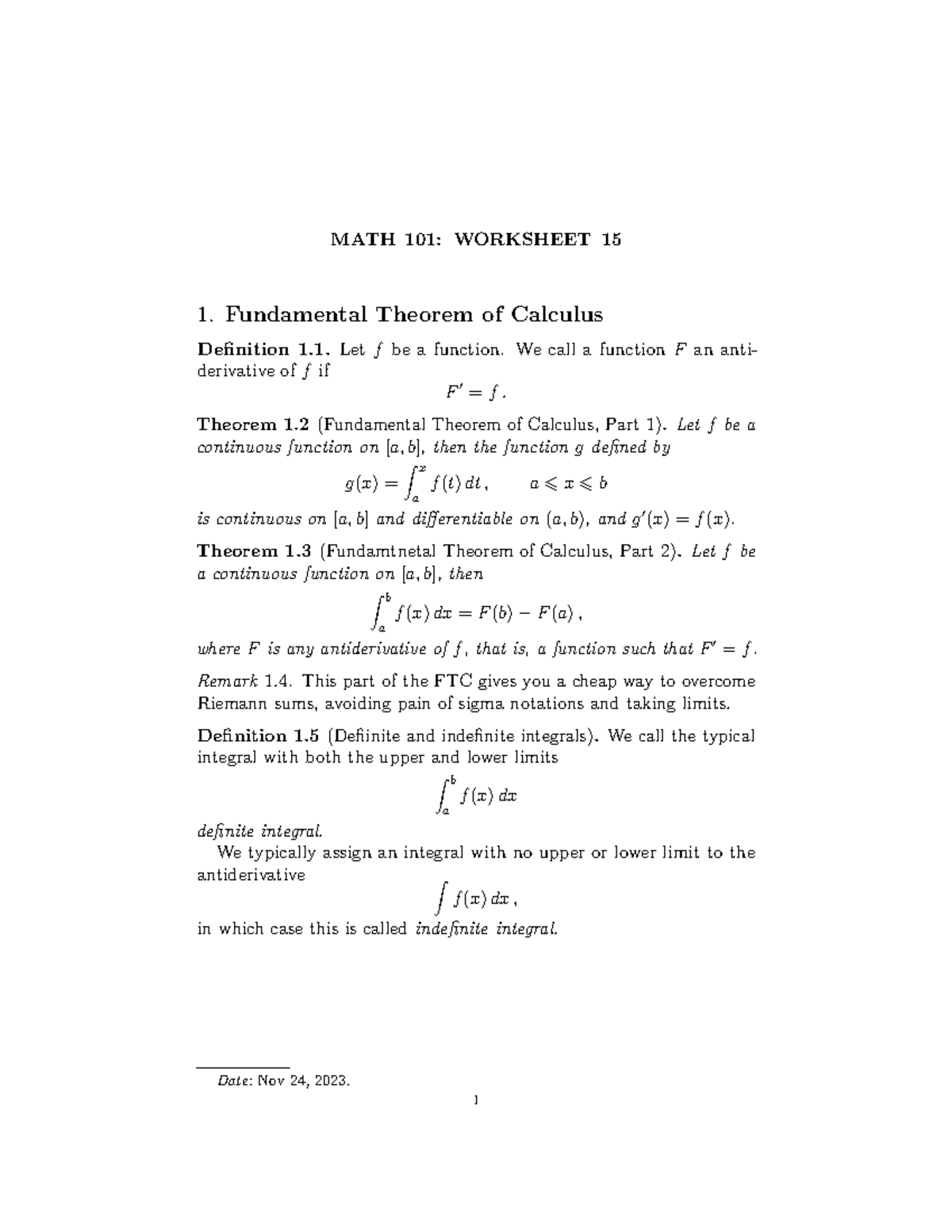 Worksheet 16-Fundamental-theorem - 1. Fundamental Theorem of Calculus ...