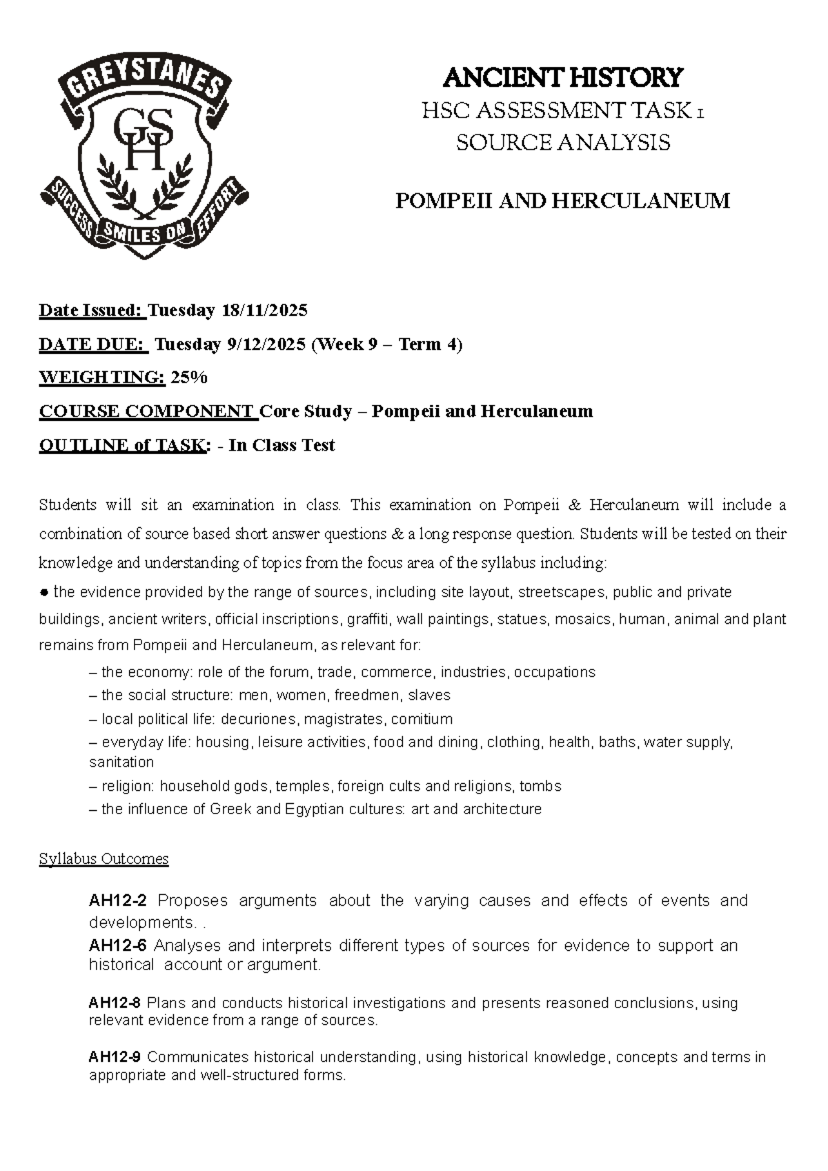 ASSESSMENT TASK (Week 9 Term 4): Study of Pompeii and Herculaneum - Studocu
