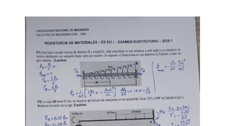 ES531 Resistencia de Materiales - Examen Sustitutorio 2025 - Studocu