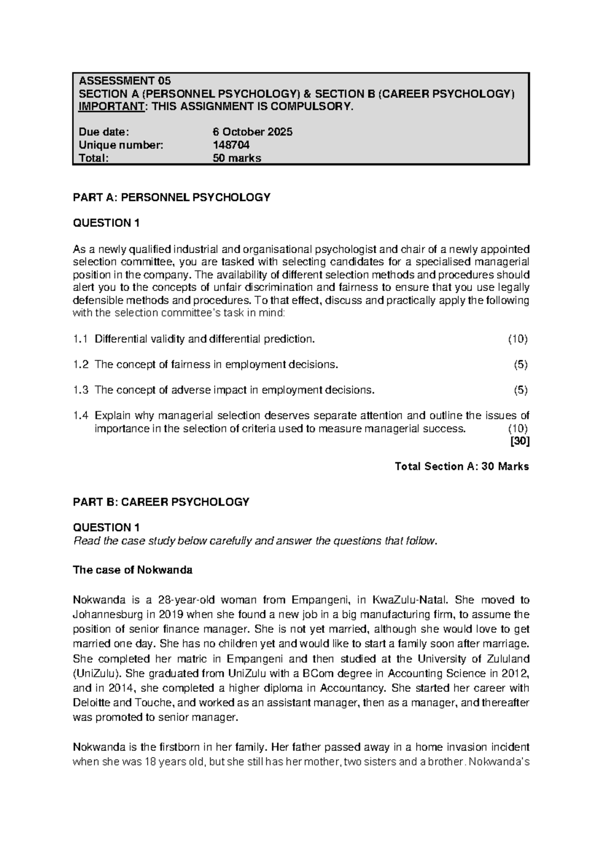 IOP4863 Assessment 05: Personnel & Career Psychology Insights - Studocu