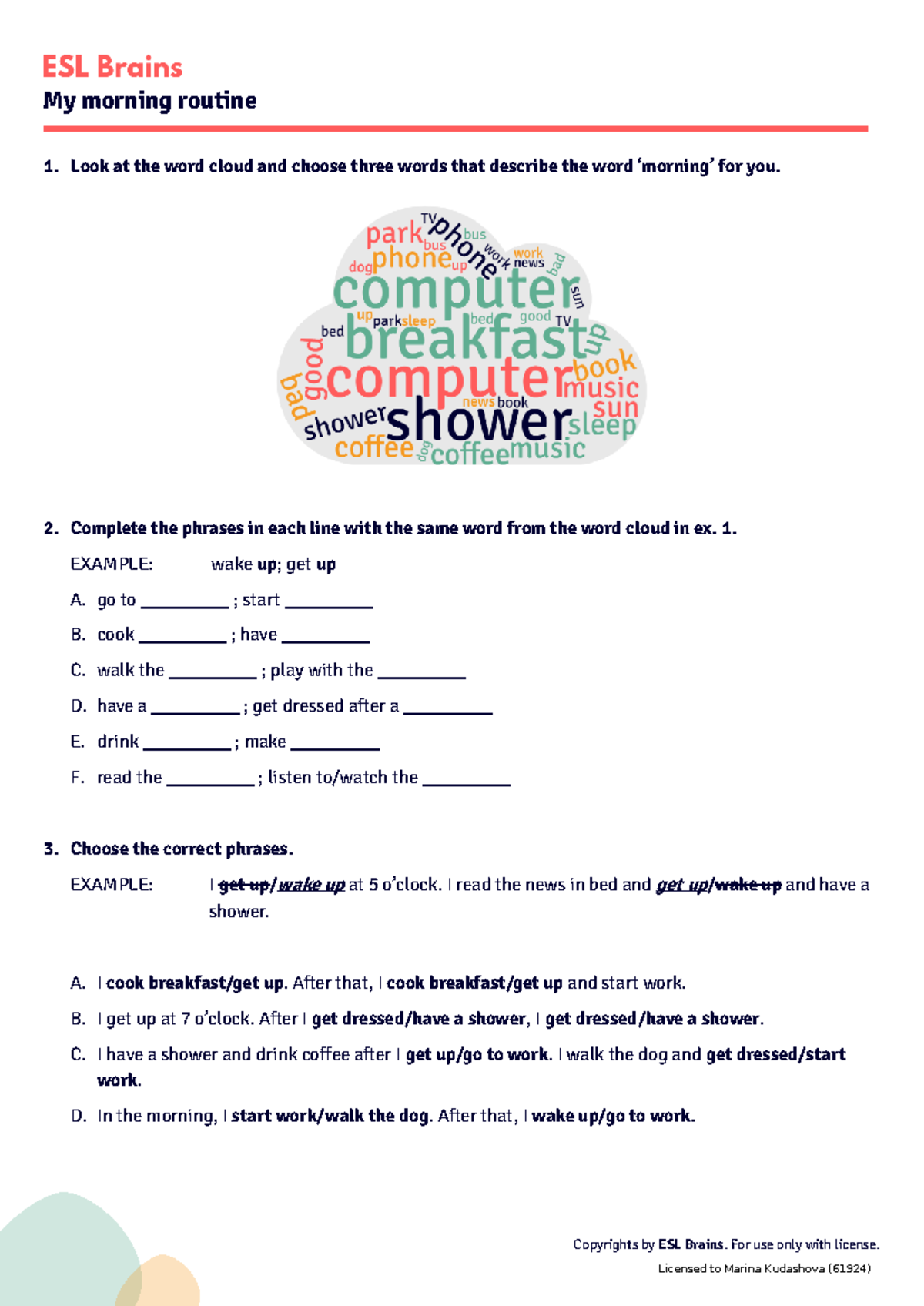 ESL Brains: My Morning Routine Activities and Exercises SV 2565 - Studocu