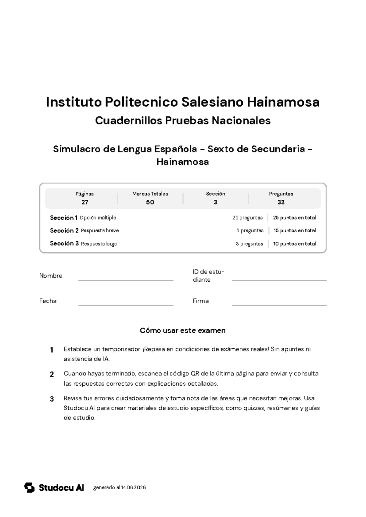 Simulacro de Lengua Española - Sexto de Secundaria - Studocu