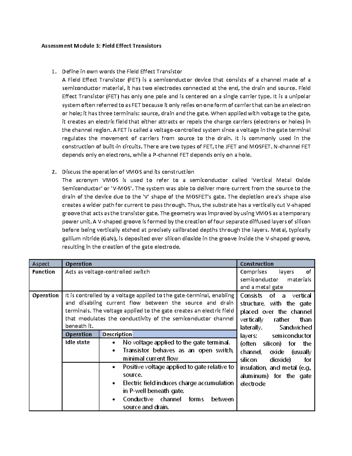 Module 3 Assessment: Field Effect Transistors Overview and Operations ...