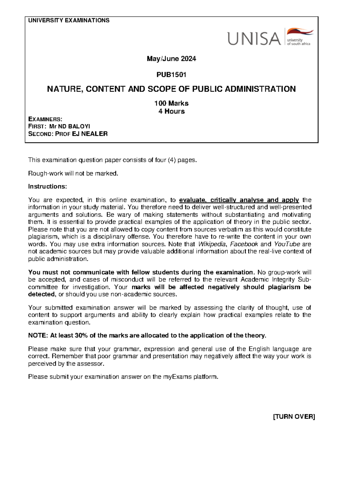 PUB1501 May/June 2024 Examination: Public Administration Concepts ...