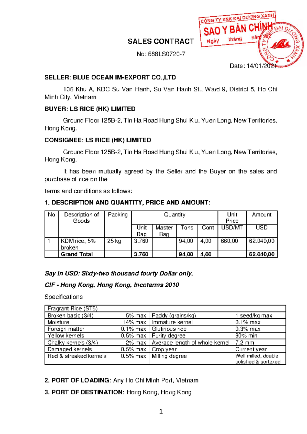 SALES CONTRACT No: KDM Rice Purchase Agreement - Blue Ocean Co., Ltd ...