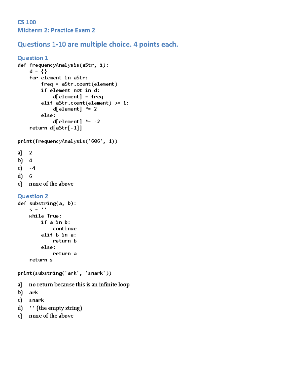Midterm 2 pe2 - CS 100 Midterm 2: Practice Exam 2 Questions 1-10 are ...