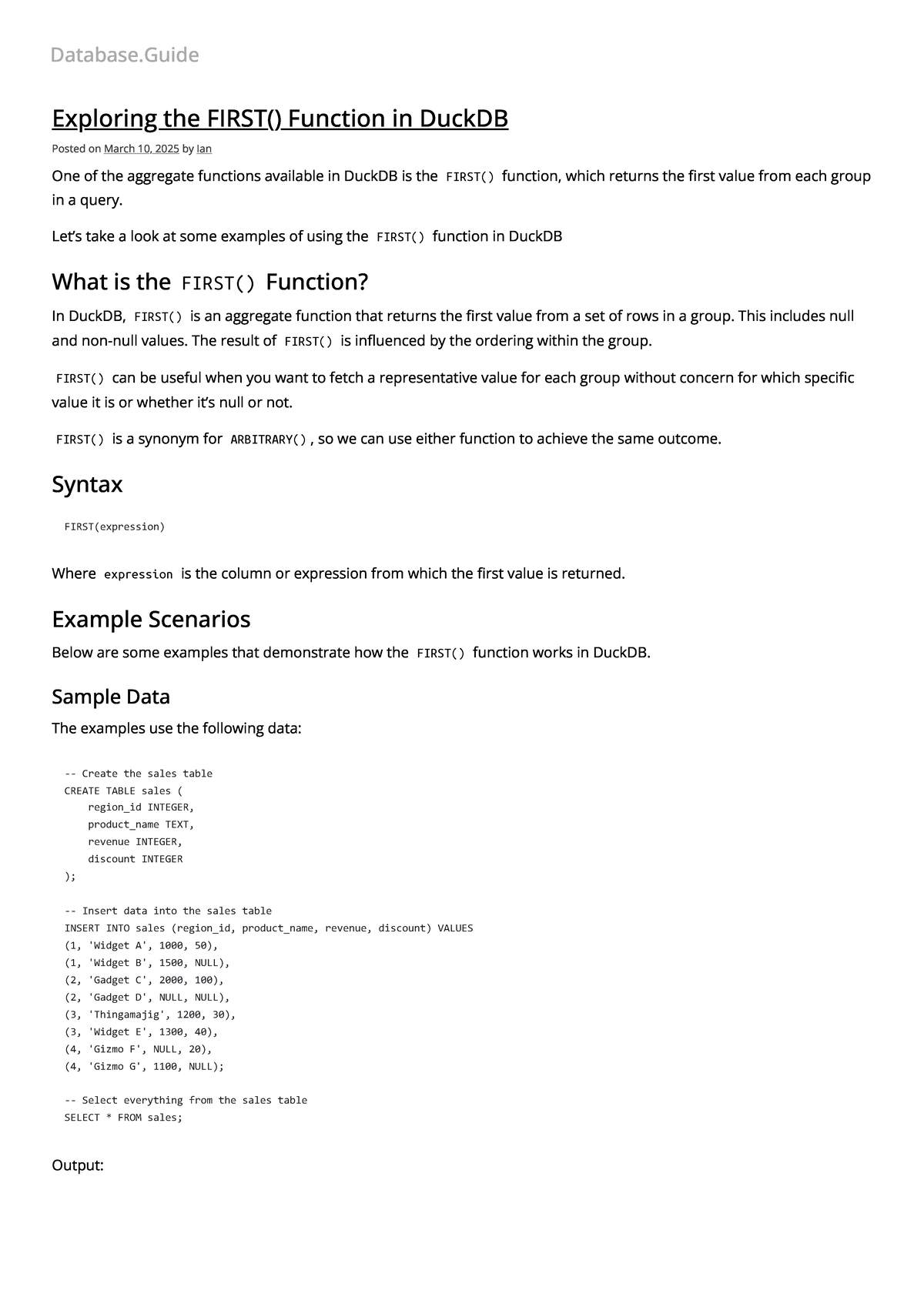 Database Guide: Understanding the FIRST() Function in DuckDB - Studocu