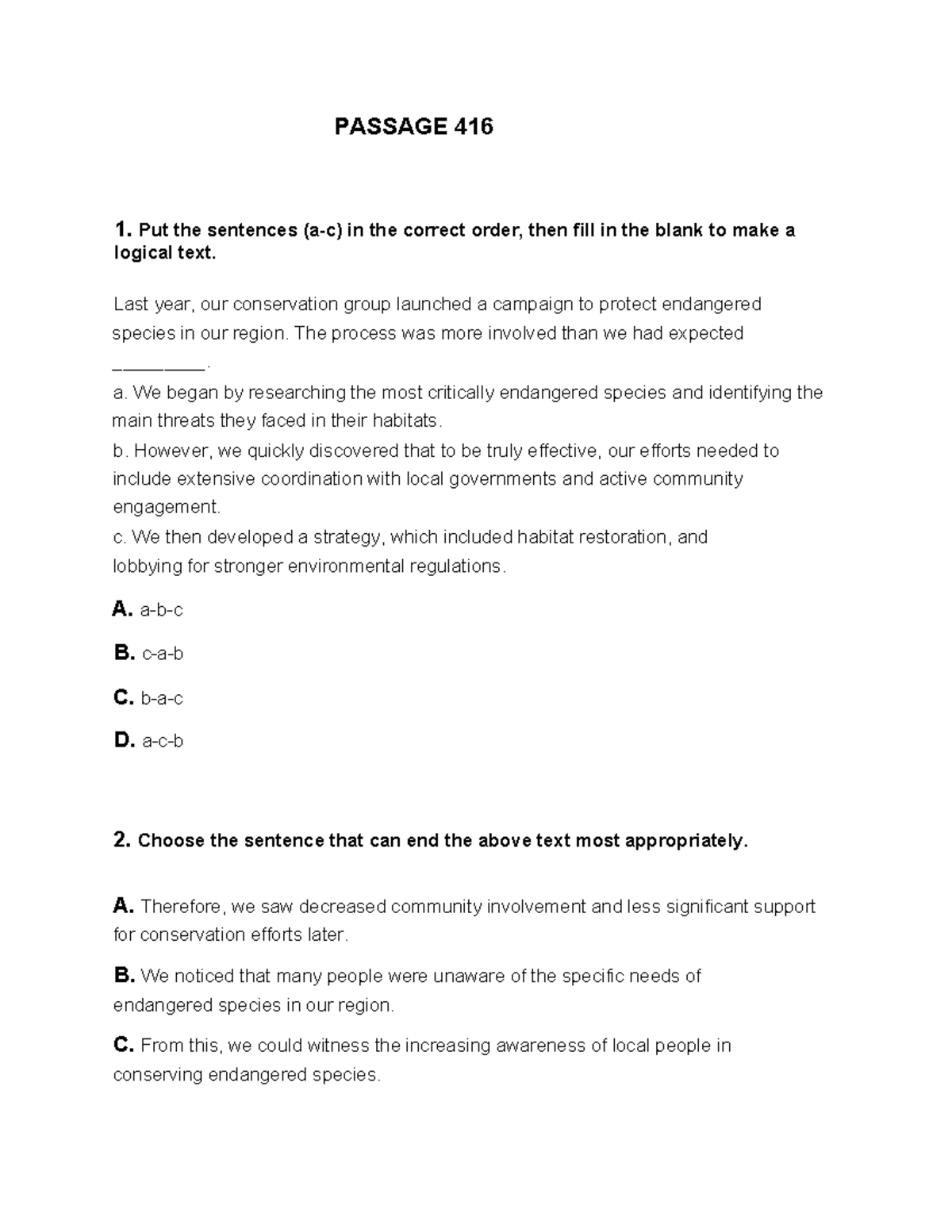 Exercises - Endangered Species: Sentence Order & Fill-in-the-Blank ...