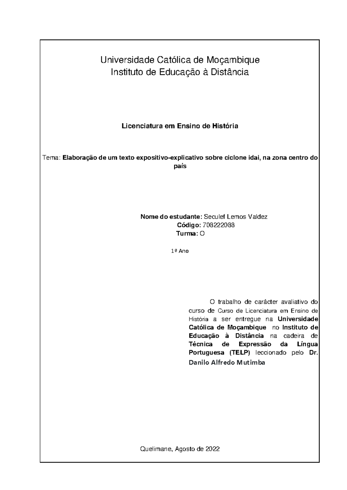 TELP - Trabalho - Universidade Católica de Moçambique Instituto de ...
