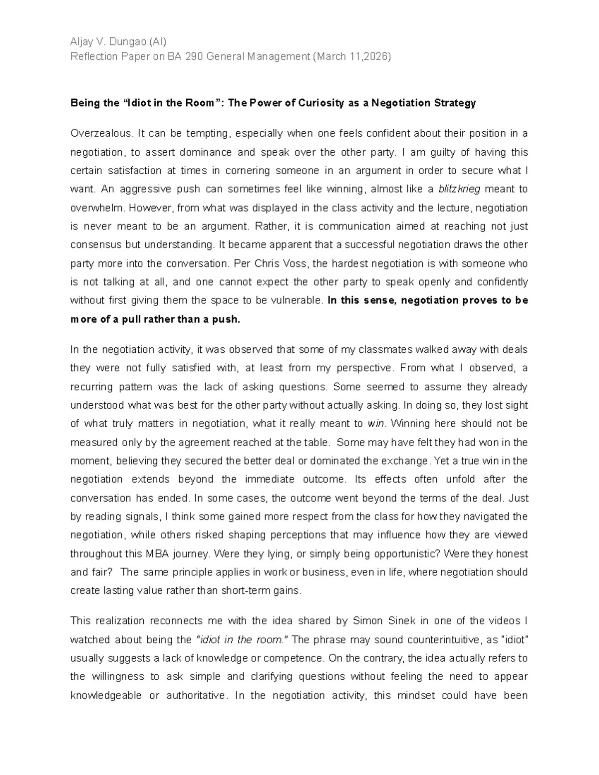 Reflection Paper on BA 290: The Power of Curiosity in Negotiation - Studocu