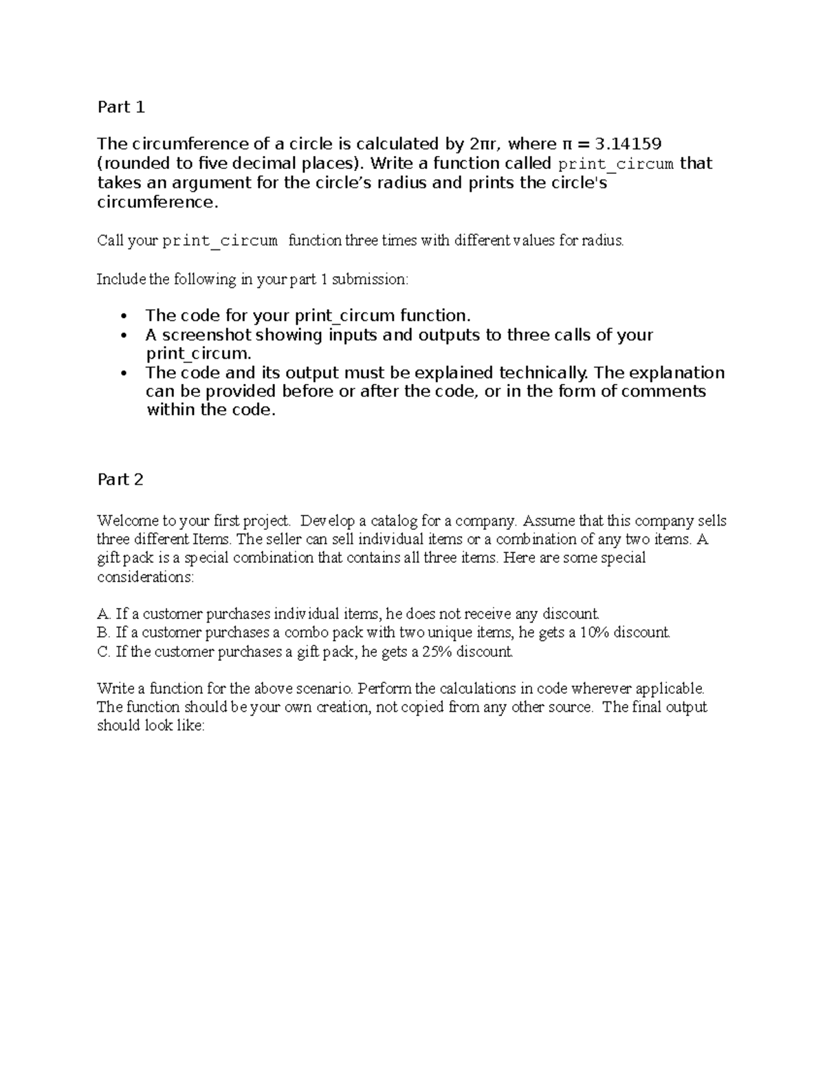 Programming Assignment Unit 2: Circle Circumference & Catalog, CS1101-01 - Studocu