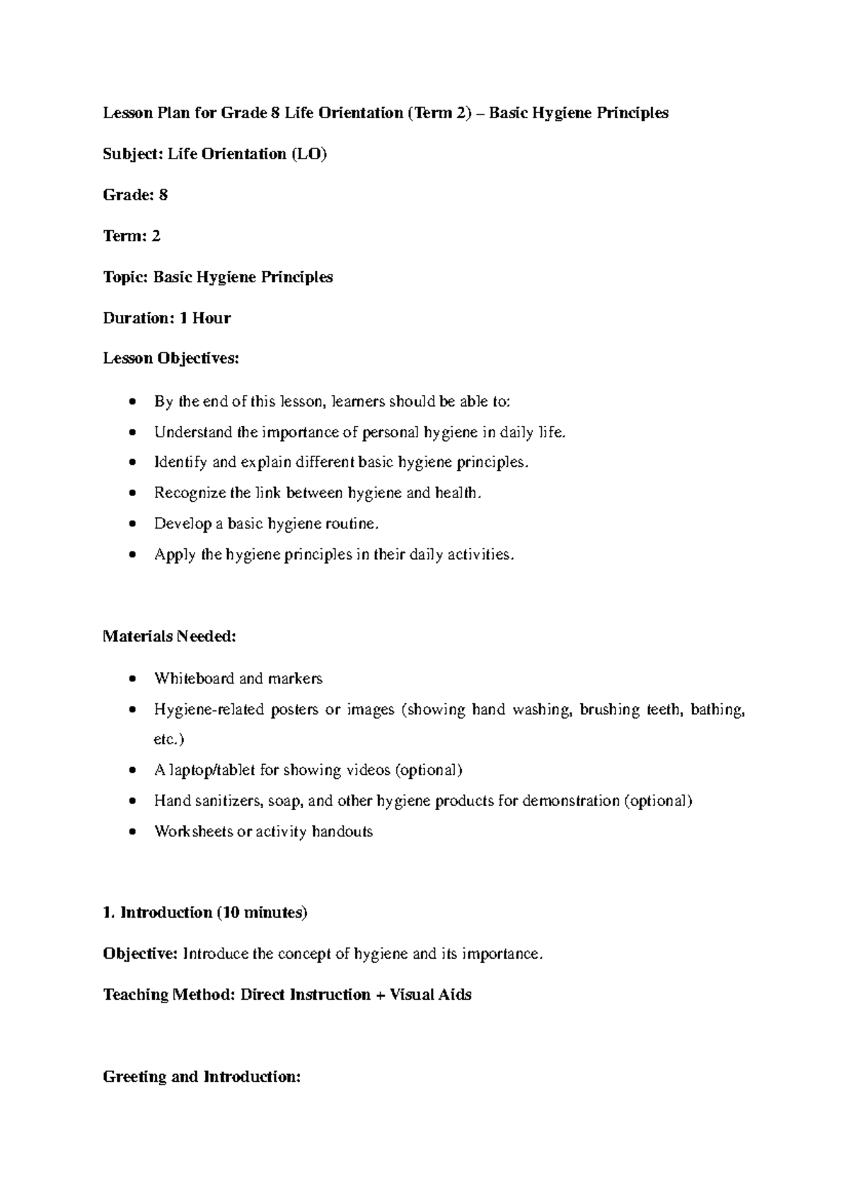 Grade 8 Life Orientation Lesson Plan: Basic Hygiene Principles - Studocu