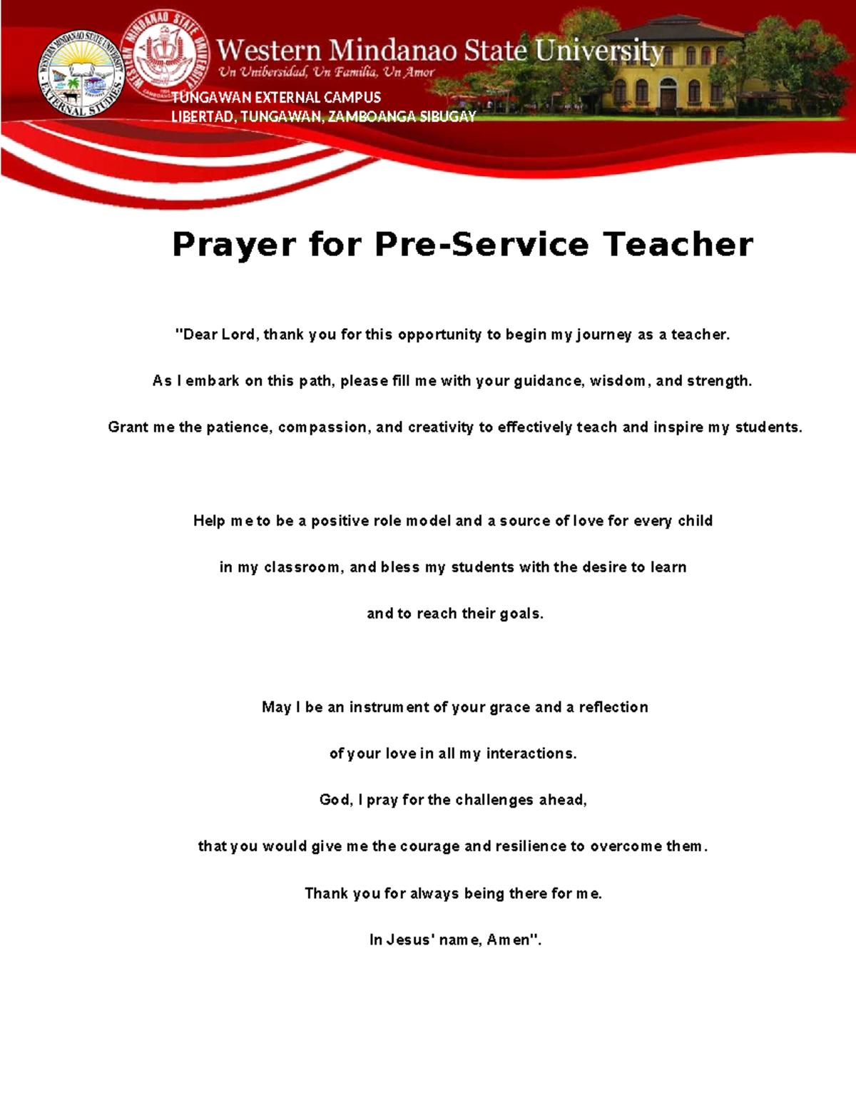 Prayer for Teacher: Guidance and Strength for PST 4th Year - Studocu