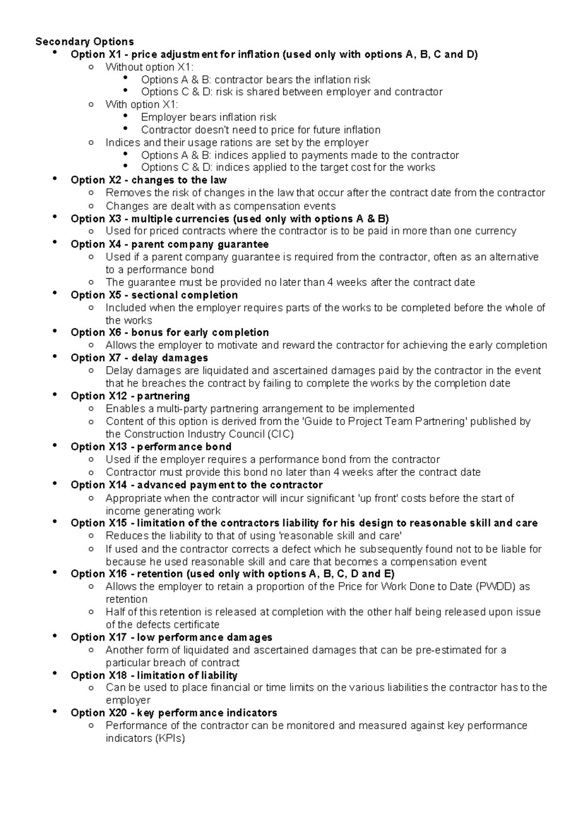 NEC3 Secondary Options: Price Adjustments and Risk Management - Studocu