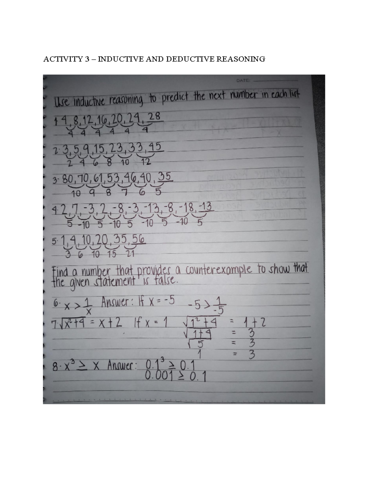 Activity 3 - Inductive & Deductive Reasoning Exercises - Studocu