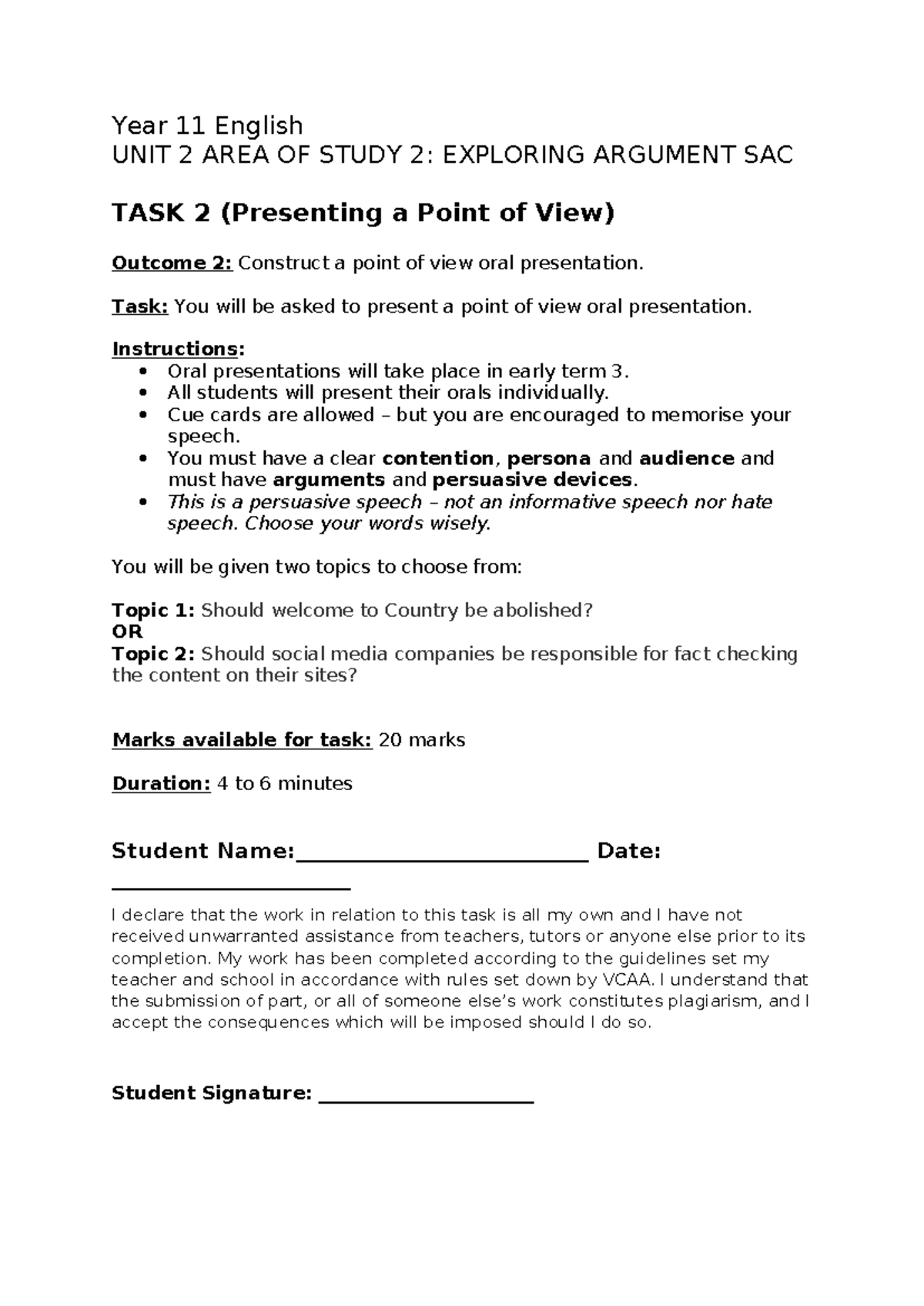 Year 11 English Unit 2: Point of View Oral Presentation SAC - Studocu