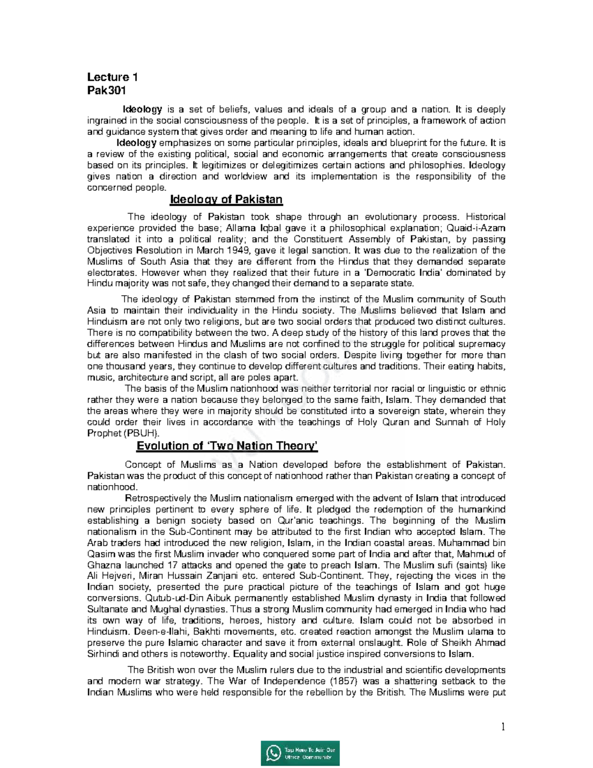 Lecture 1: Ideology of Pakistan - PAK301 Overview and Historical ...