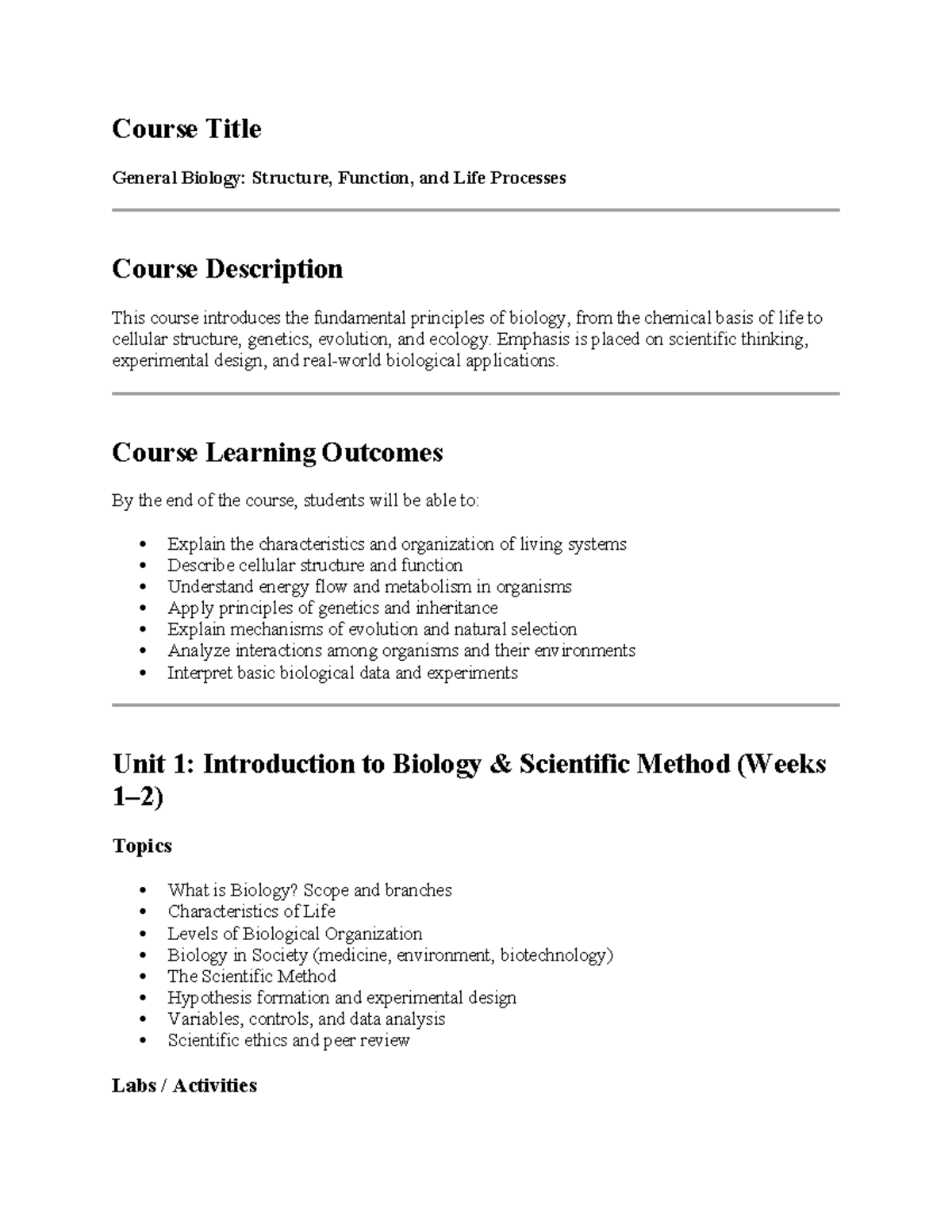 General Biology (BIO101): Structure, Function & Life Processes - Studocu