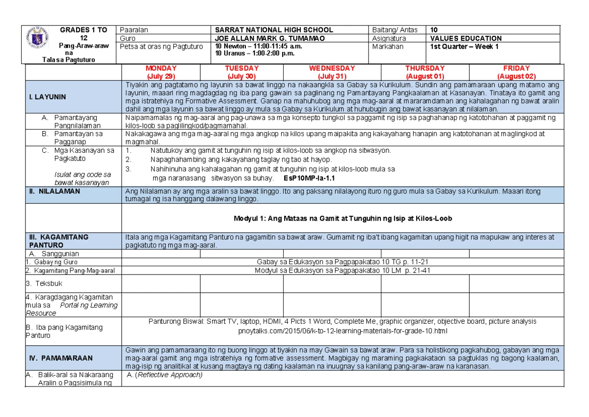 ESP 10 Q1 W7 Daily Lesson Log on Dignity and Respect - Studocu