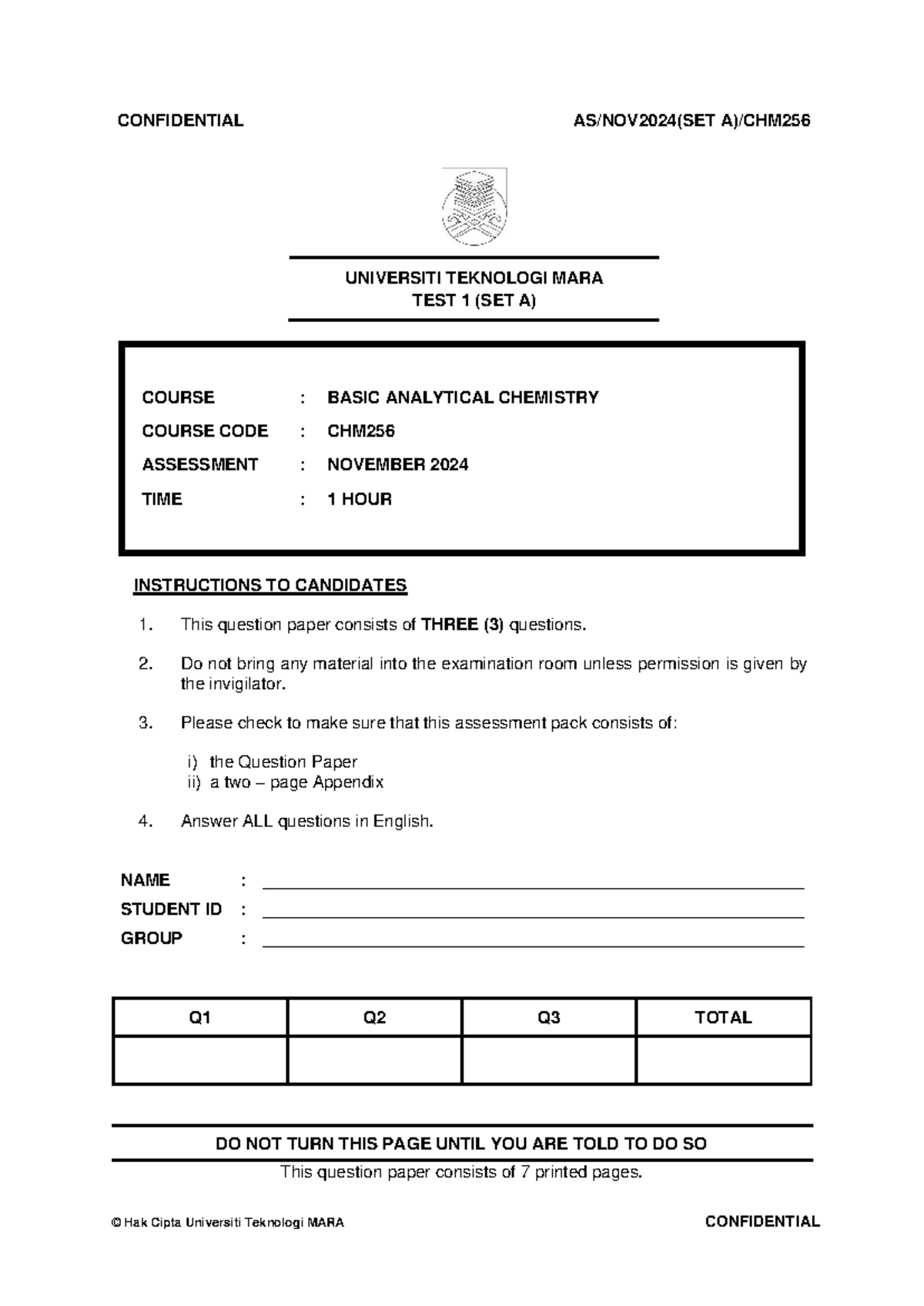 Test 1 CHM256: Basic Analytical Chemistry Question Paper (Set A) - Studocu