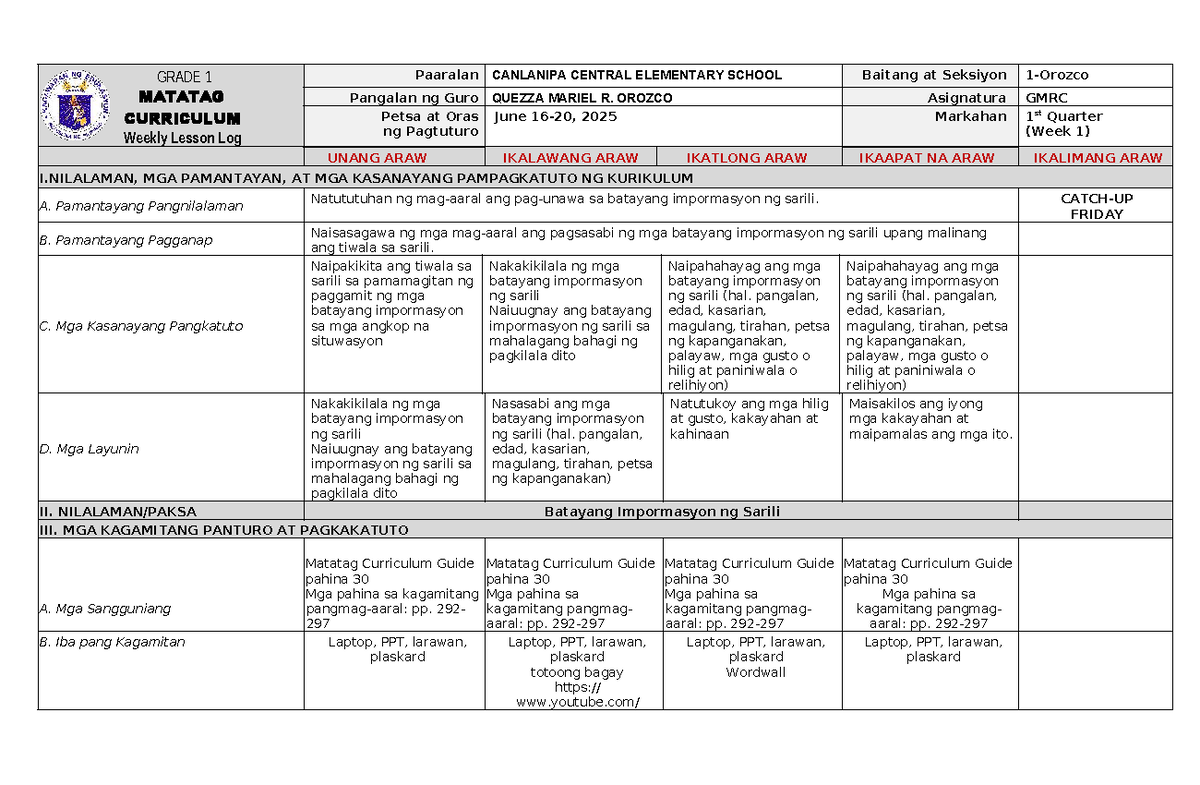 Grade 1 GMRC Weekly Lesson Log - 1st Quarter (Week 1) - Studocu