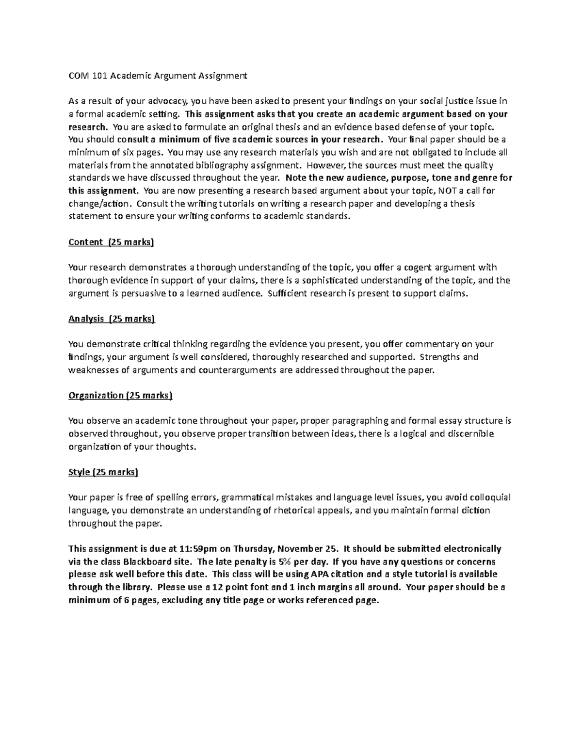 COM 101 Academic Argument Assignment Guidelines (F21) - Studocu