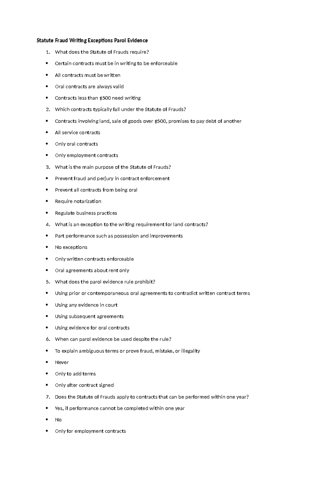 Statute of Frauds & Parol Evidence: Key Exceptions Explained - Studocu