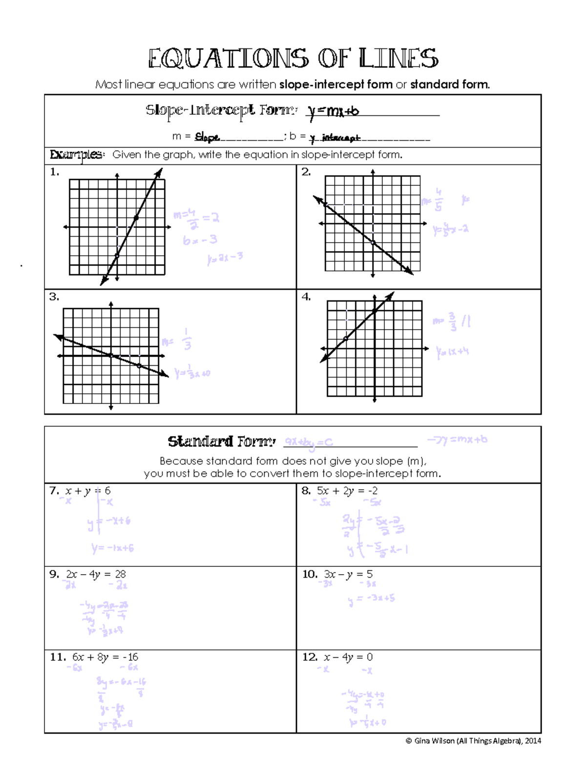 EQUATIONS OF LINES: 3-5 Standard Form & Slope-Intercept Form - Studocu