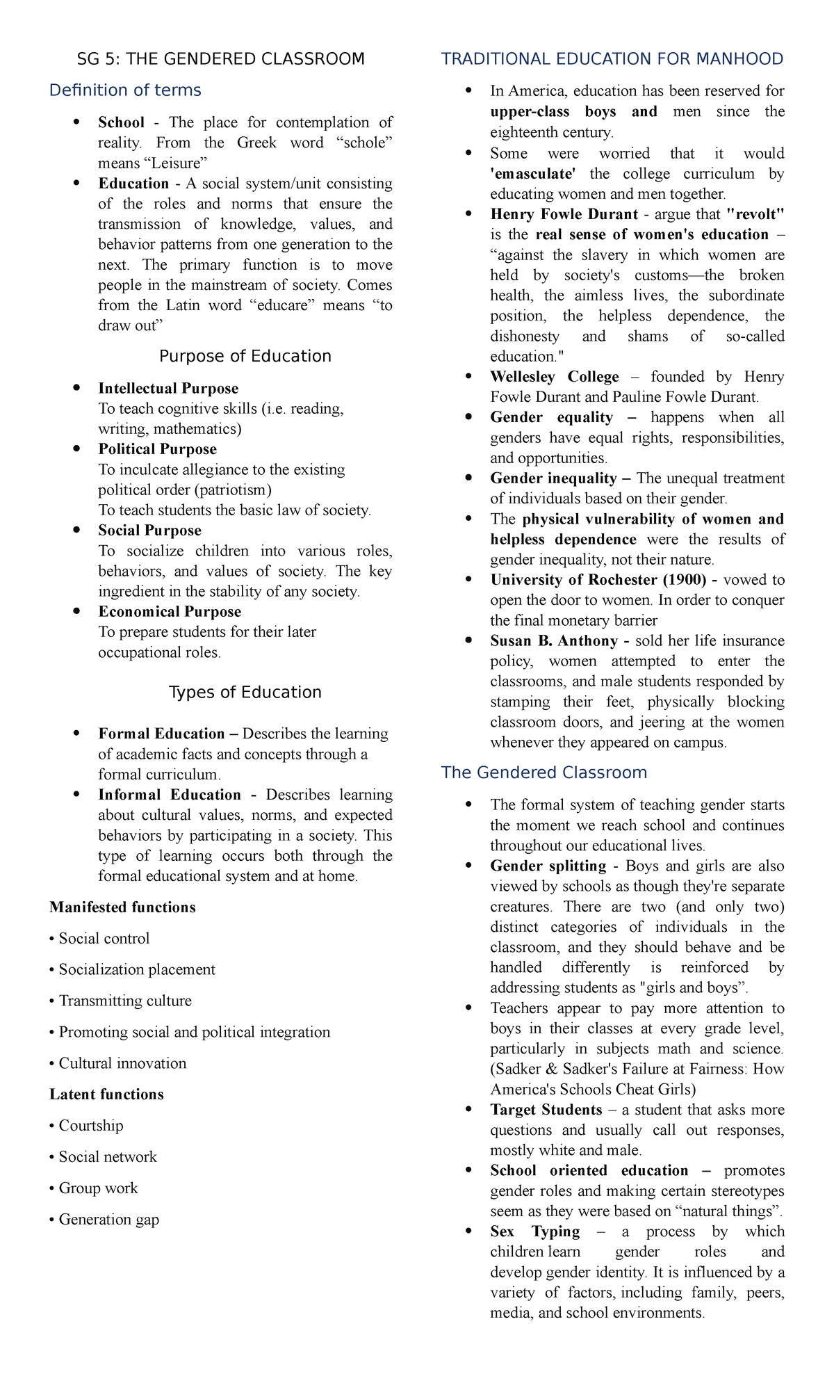 SG 5 - reviewer - SG 5: THE GENDERED CLASSROOM Definition of terms ...