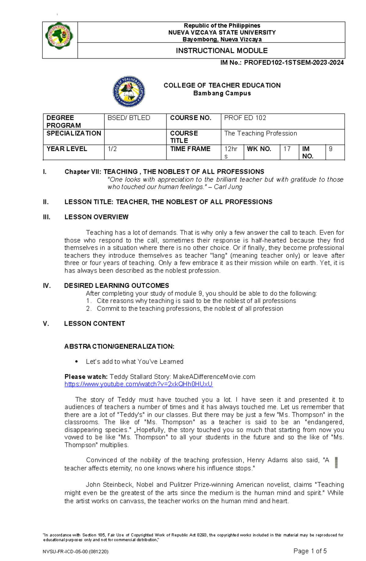 Prof Ed 102: Instructional Module 9 - The Teaching Profession - Studocu