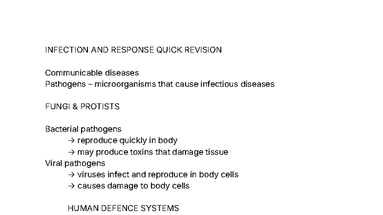Infection and Response Quick Revision Notes (Biology 101) - Studocu