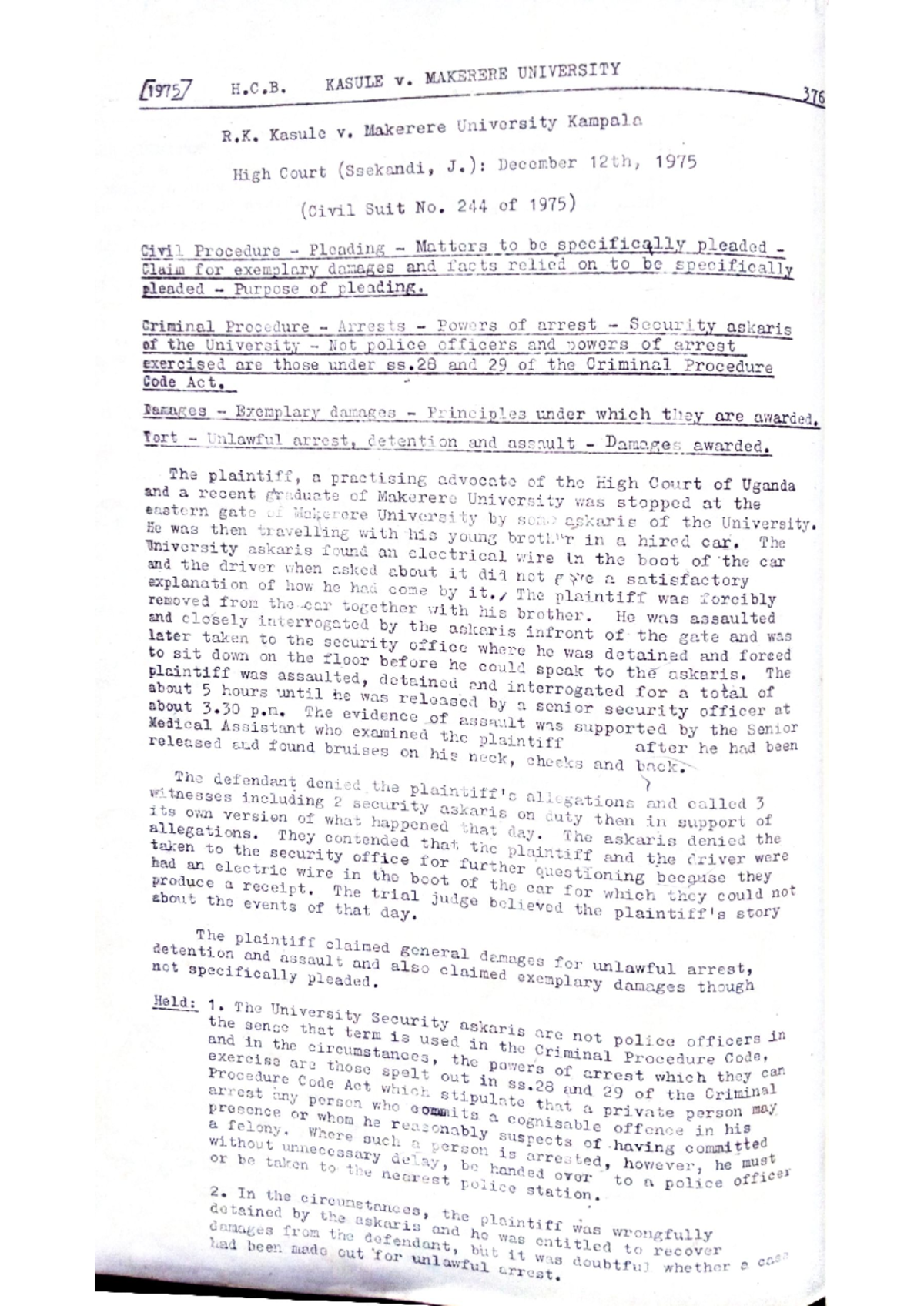 R.K. Kasule v. Makerere University: Civil Suit No. 244 of 1975 Analysis ...