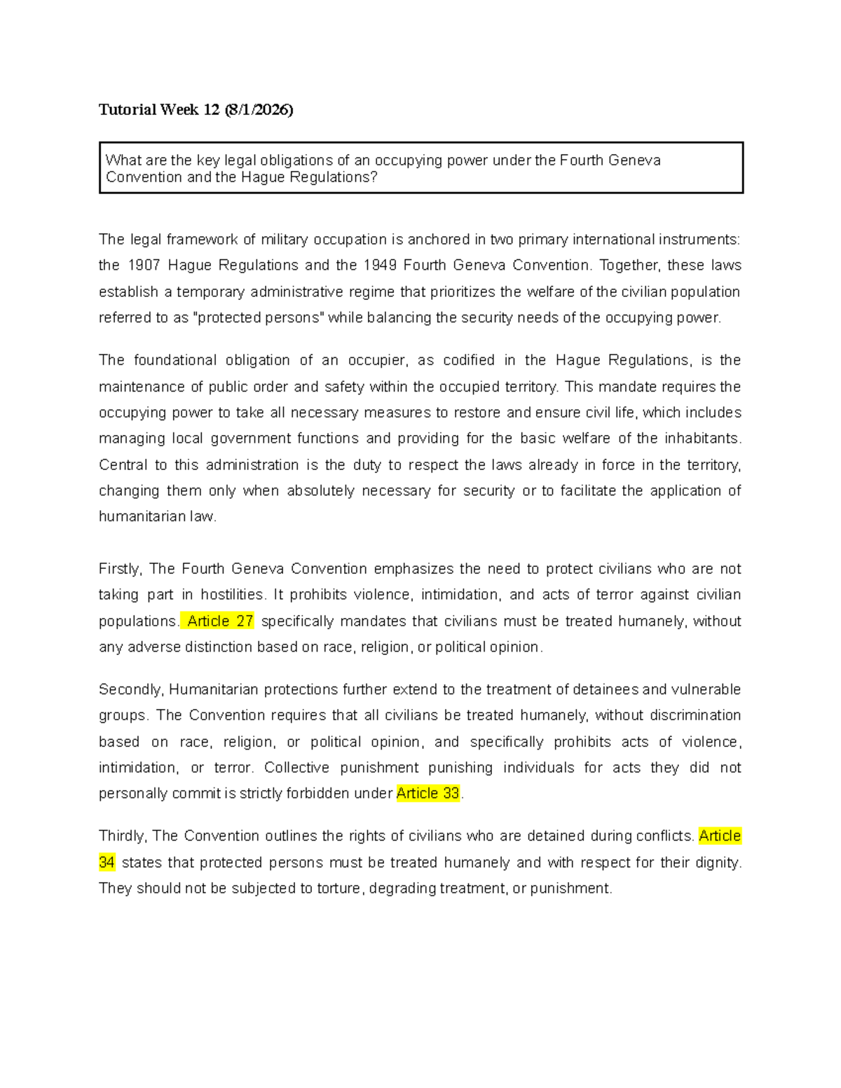 IHL Tutorial Week 12: Legal Obligations of Occupying Powers - Studocu