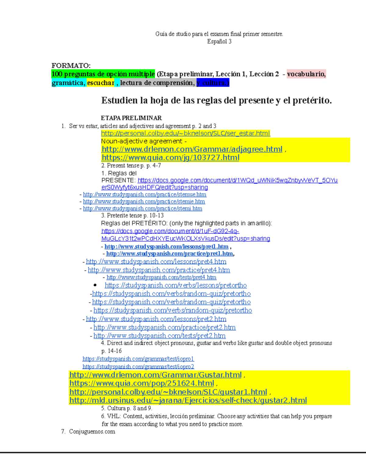 Guía de Estudio para Examen Final Español 3 - Primer Semestre - Studocu