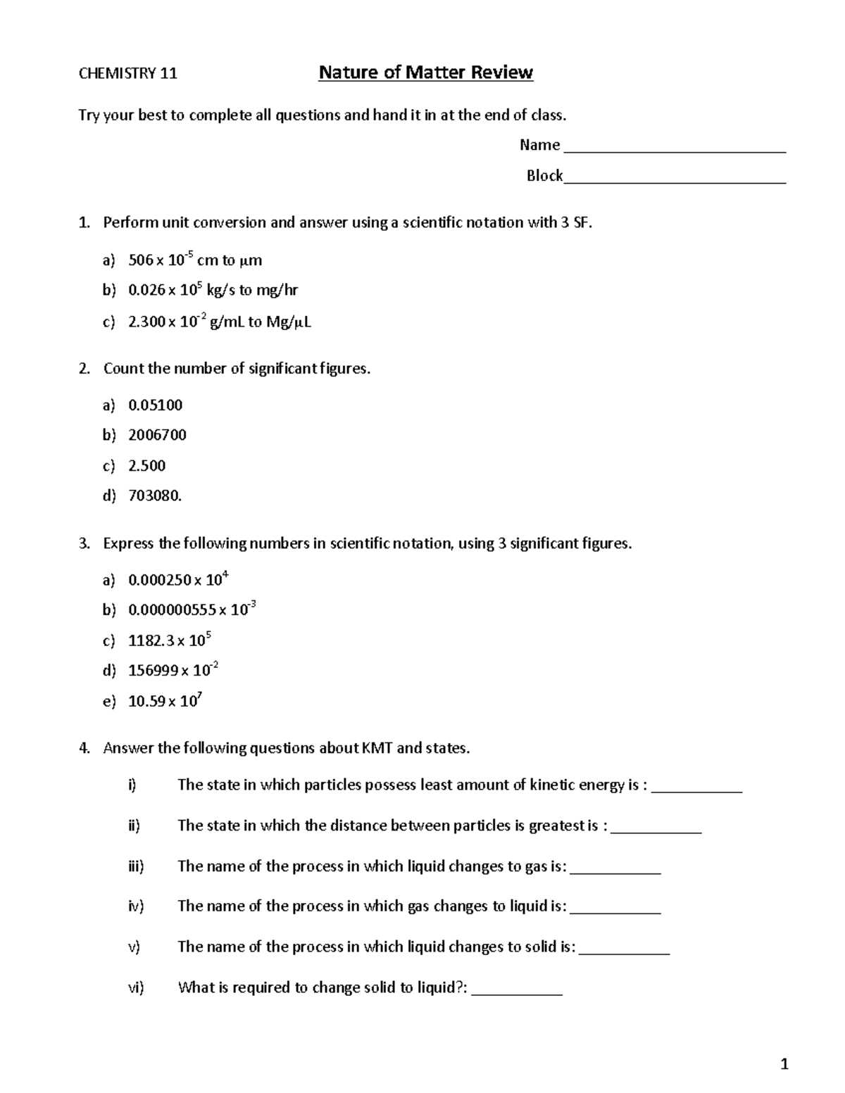 CHEM 11 Nature of Matter Review Worksheet - Studocu
