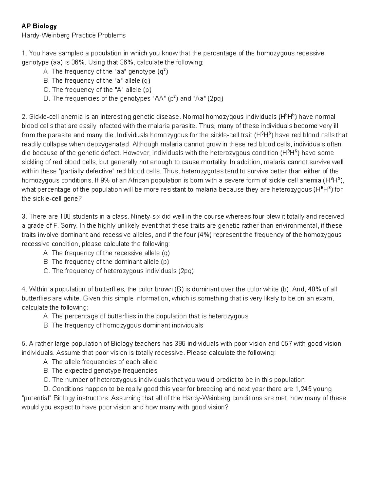 AP Biology Hardy-Weinberg Practice Problems and Calculations - Studocu