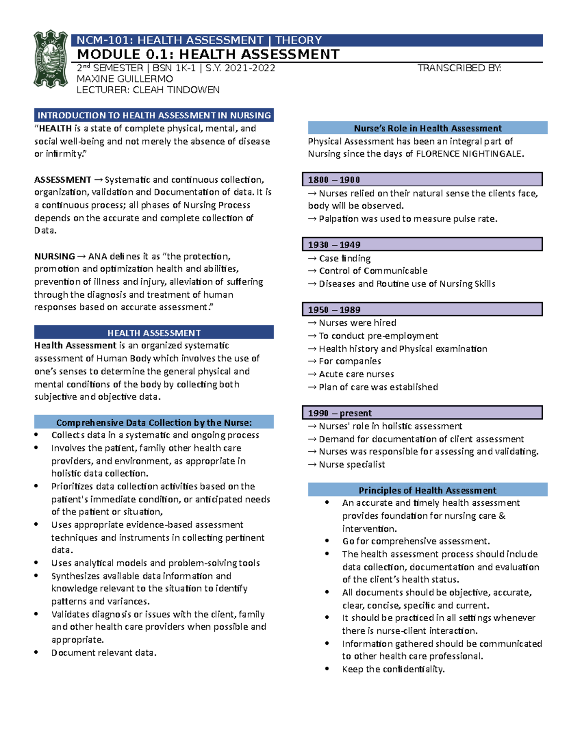 NCM101 - Module 0.1 Health Assessment Overview and Techniques - Studocu