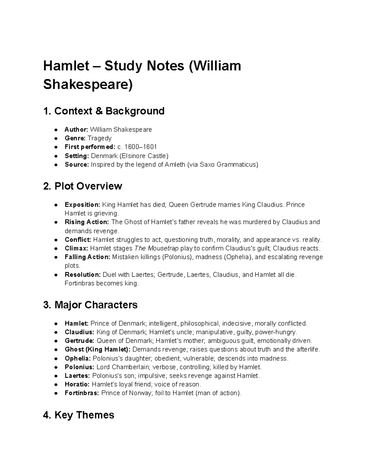 Hamlet Study Notes (ENG 101) - Key Themes, Characters & Analysis - Studocu