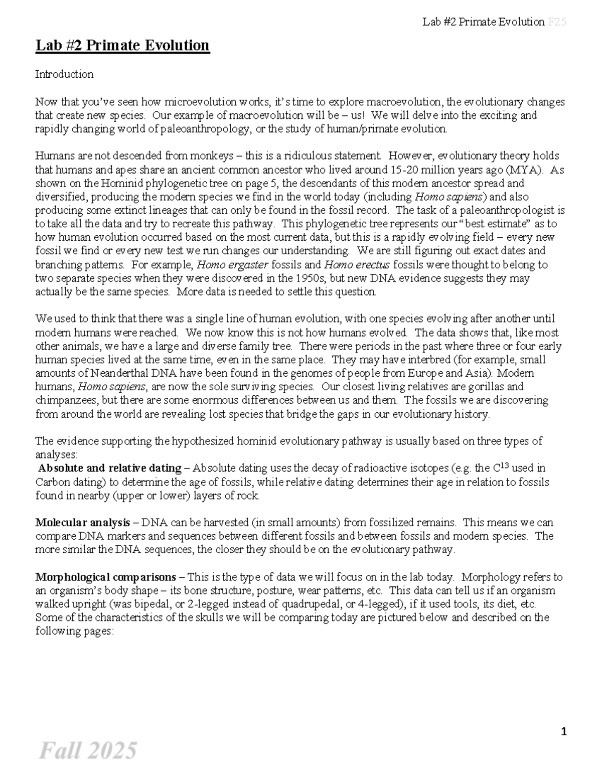 Lab #2 Primate Evolution F25: Exploring Hominid Ancestry and Morphology ...