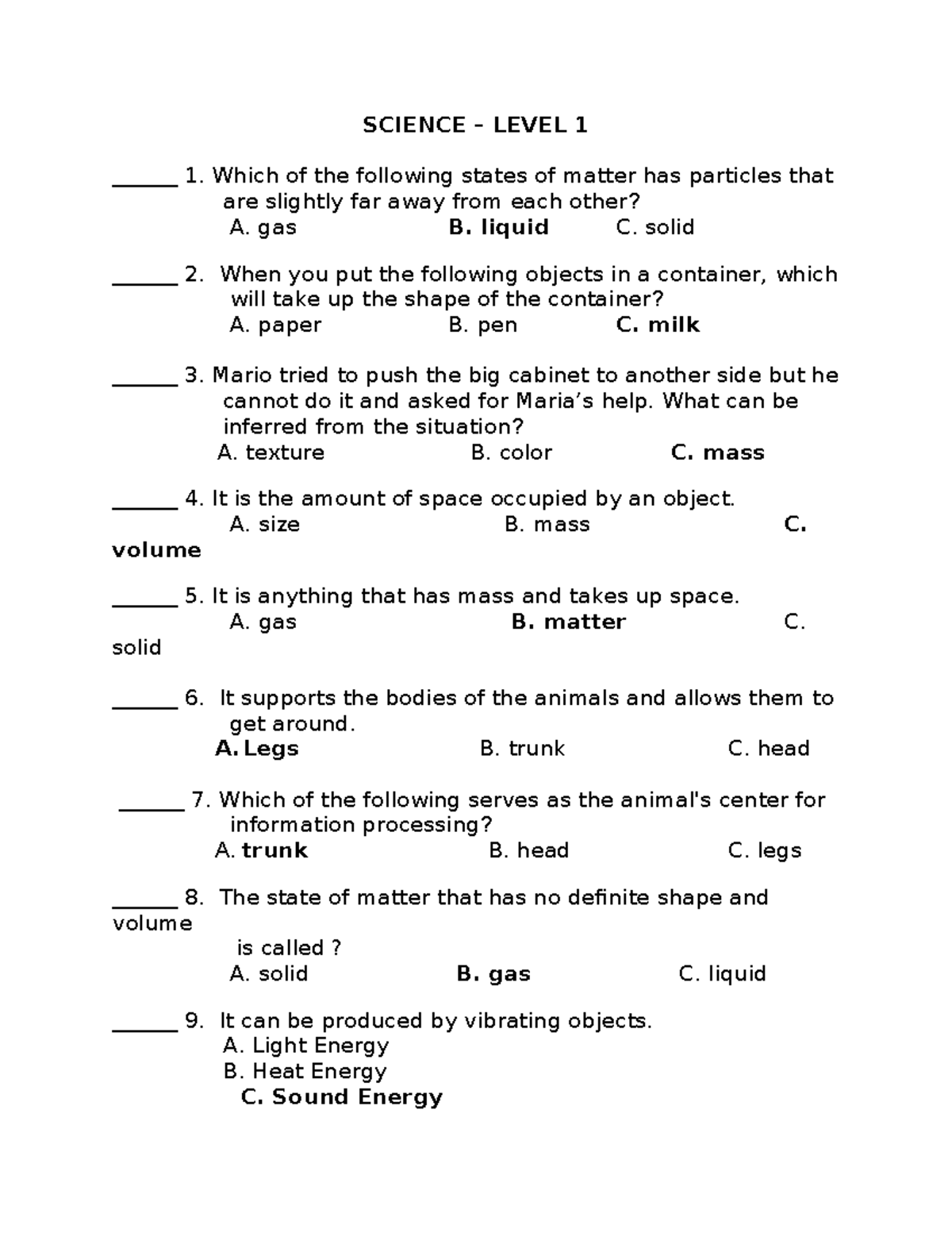 Science Quiz Bee Level 1 - Practice Questions and Answers - Studocu