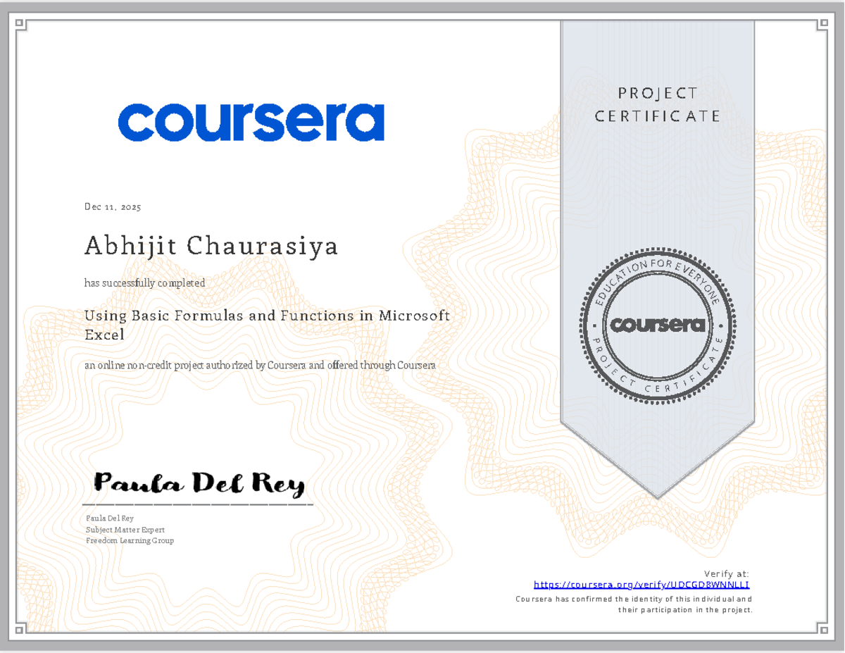 Project Certificate: Basic Formulas & Functions in Excel - Dec 2025 ...