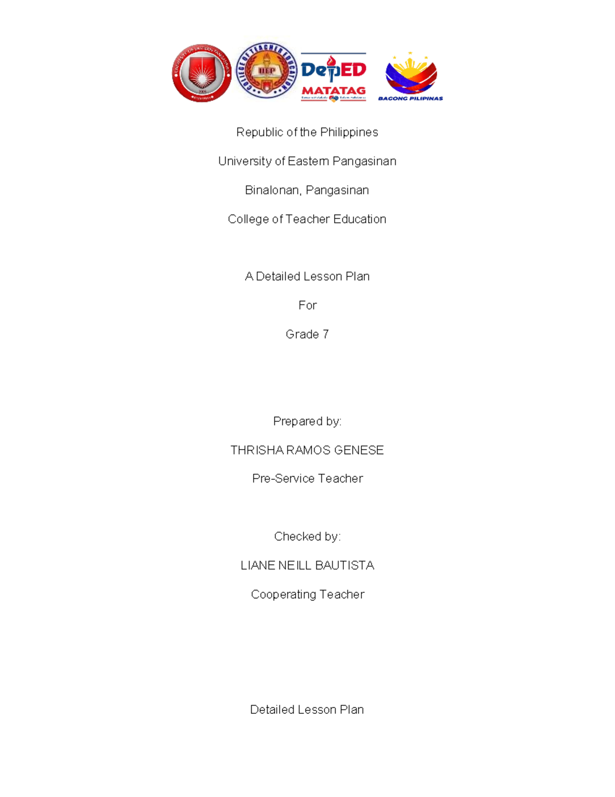 Detailed Lesson Plan for Grade 7: Rony V. Diaz Analysis (EDUC 101 ...