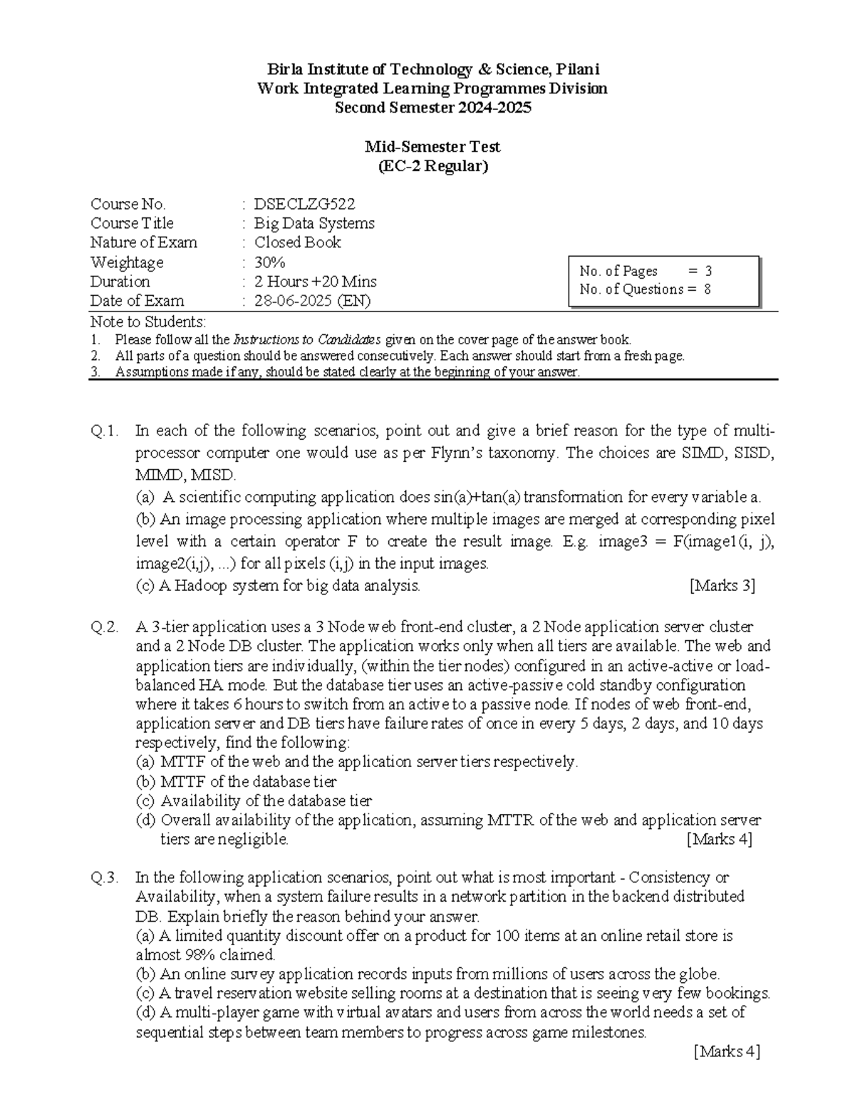 BDS-EC2 - Big Data Systems Second Semester Test June 2025 - Studocu